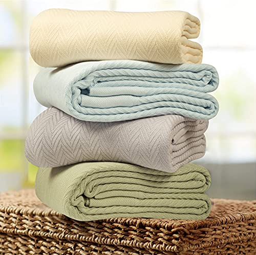 Threadmill Luxury Cotton Blankets for King Size bed | All-Season Cozy 100% Cotton King Size Blanket | Herringbone Soft & Lightweight Fall Thermal Blanket fits Cal King Size Bed | Folkstone Blue