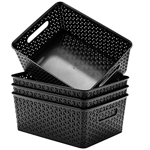 Aebeky Plastic Storage Basket,Medium Weave Basket Organizer,4-Pack (Black)