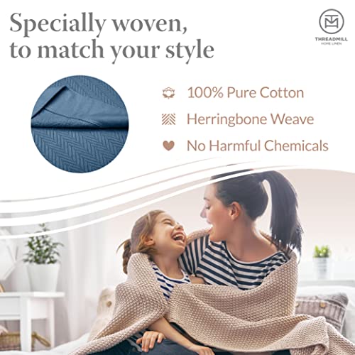 Threadmill Luxury Cotton Blankets for King Size bed | All-Season Cozy 100% Cotton King Size Blanket | Herringbone Soft & Lightweight Fall Thermal Blanket fits Cal King Size Bed | Folkstone Blue