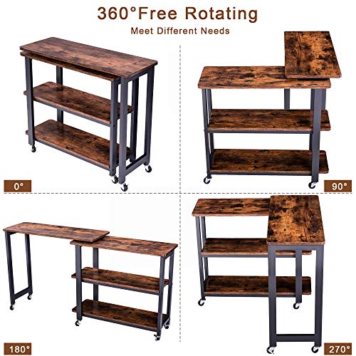 WAYTRIM 360° Free Rotating Sofa Side Table, Mobile End Table with 2 Tier Storage Shelves, Couch Side Table Sturdy Metal Frame with 6 Universal Casters, Laptop Table for Home Office - Rustic Brown