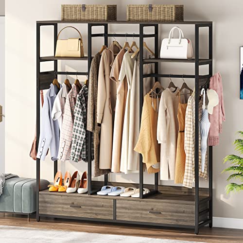 Tribesigns Freestanding Closet Organizer with 2 Drawers, Heavy Duty Garment Rack with Shelves and 6 Hooks, Wardrobe Closet Clothes Rack for Hanging Clothes, Clothing Storage for Bedroom, Gray