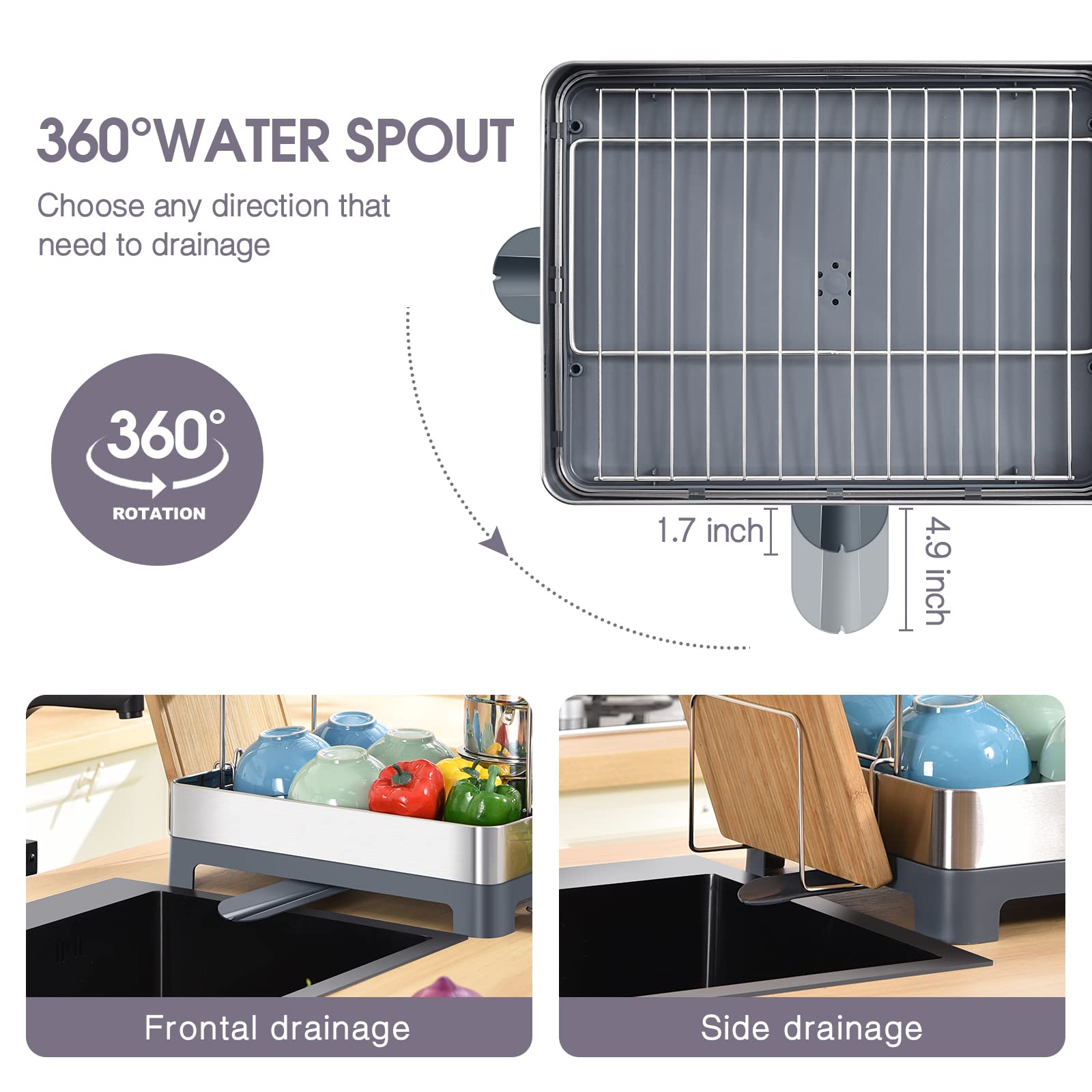 TOOLF Dish Drying Rack, 2-Tier Dish Rack with Large Capacity, Multifunctional Dish Drainer with Drainboard, Rustproof & Durable with 360° Drainboard Set with Cutting Board Rack, Tool-Free Installation