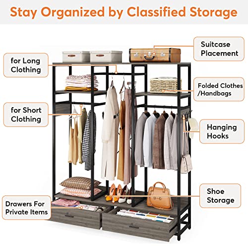 Tribesigns Freestanding Closet Organizer with 2 Drawers, Heavy Duty Garment Rack with Shelves and 6 Hooks, Wardrobe Closet Clothes Rack for Hanging Clothes, Clothing Storage for Bedroom, Gray