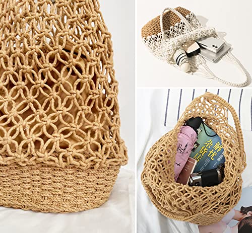 NIBD Women's Beach Straw Handbag Woven Tote Fishing Net Beach Bag Large Capacity Mesh Rope Combination Handbag (A)