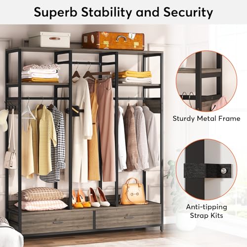 Tribesigns Freestanding Closet Organizer with 2 Drawers, Heavy Duty Garment Rack with Shelves and 6 Hooks, Wardrobe Closet Clothes Rack for Hanging Clothes, Clothing Storage for Bedroom, Gray