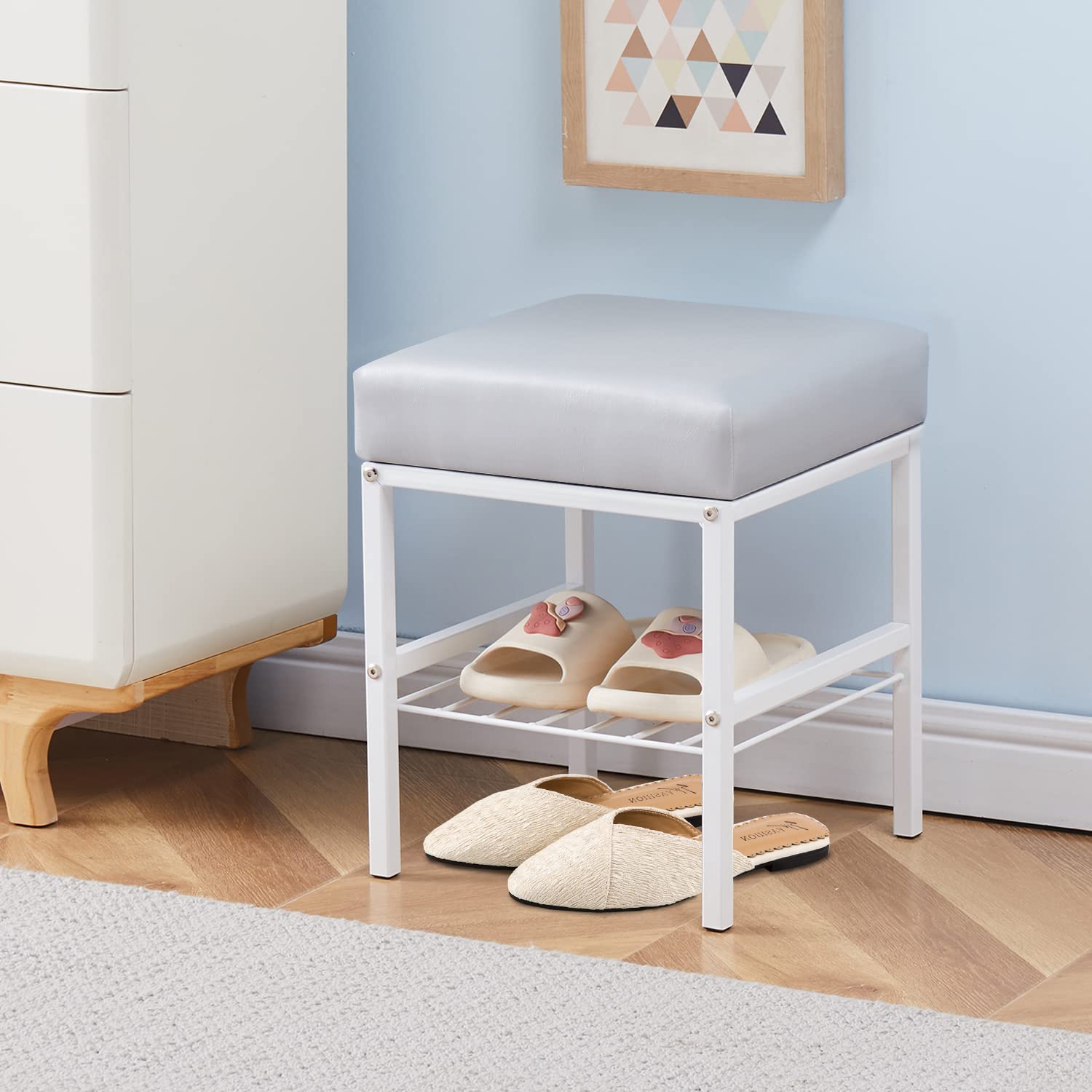 Cpintltr Vanity Stool Foot Stools Faux Leather Ottoman Stool Square Ottoman Bench Modern Dressing Stool Small Stool Side Table Footstool with Metal Leg Vanity Stool for Bathroom Living Room Silver-