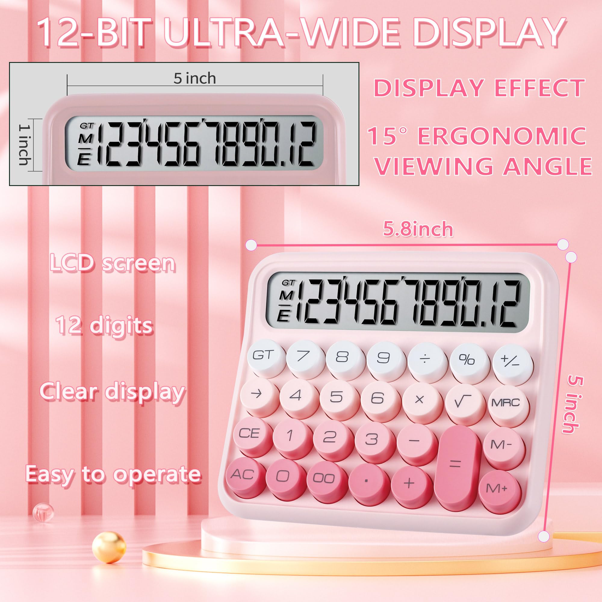 Standard Calculator 12 Digit,Desktop Large Display and Buttons,Pink Calculator with Large LCD Display for Office,School, Home & Business Use,Automatic Sleep,with Battery.6 * 5.15in