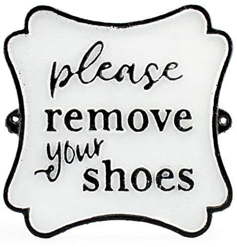 AuldHome Cast Iron Sign: Please Remove Your Shoes; Farmhouse Metal Plaque in Black and White 6.5 inches x 6.5 inches; Includes Mounting Hardware