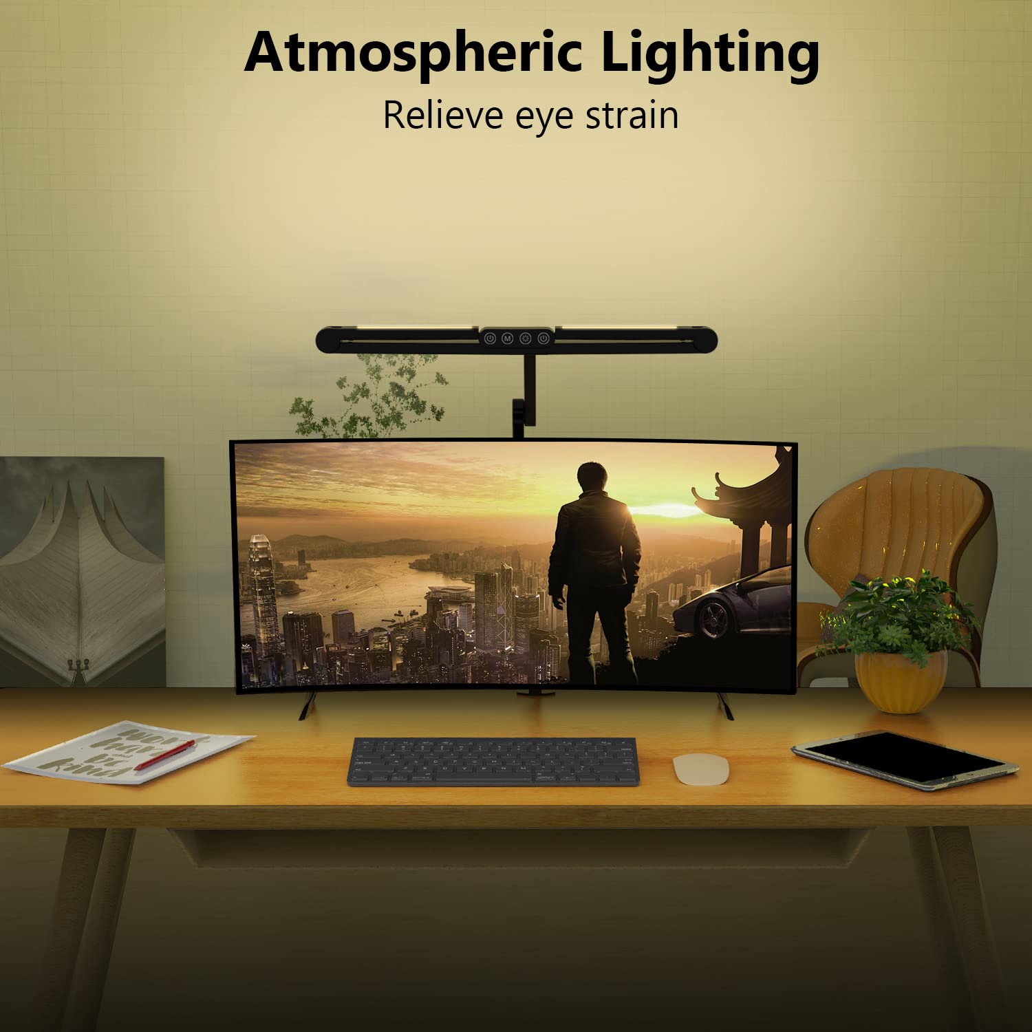 Micomlan Led Desk Lamp with Clamp, Architect Desk Lamp for Home Office with Atmosphere Lighting, 24W Ultra Bright Auto Dimming Desk Light Stepless Dimming and Tempering LED Table Light