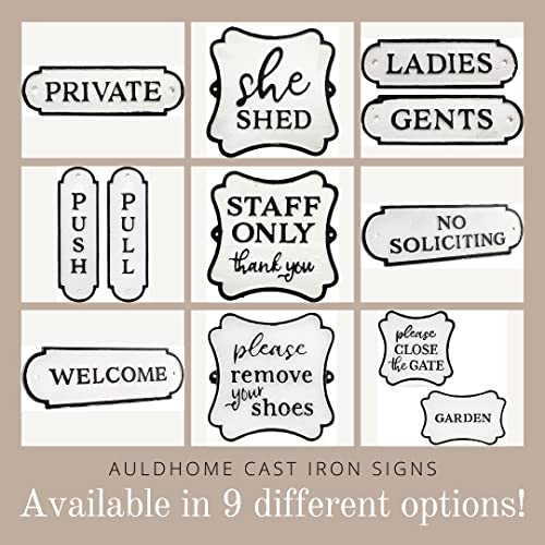 AuldHome Cast Iron Sign: Please Remove Your Shoes; Farmhouse Metal Plaque in Black and White 6.5 inches x 6.5 inches; Includes Mounting Hardware