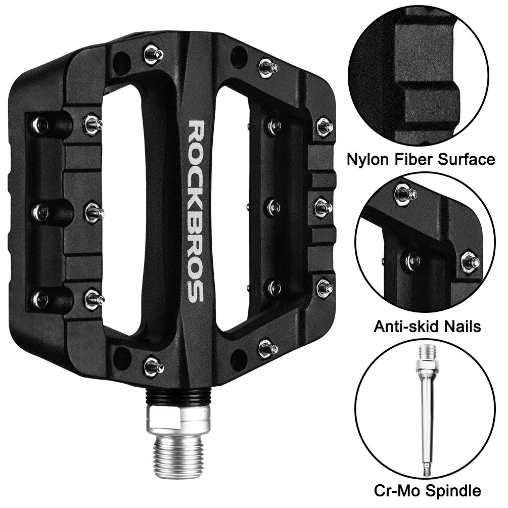 Rock BROS Lightweight Mountain Bike Pedals Nylon Fiber Bicycle Platform Pedals for BMX MTB 9/16" Black
