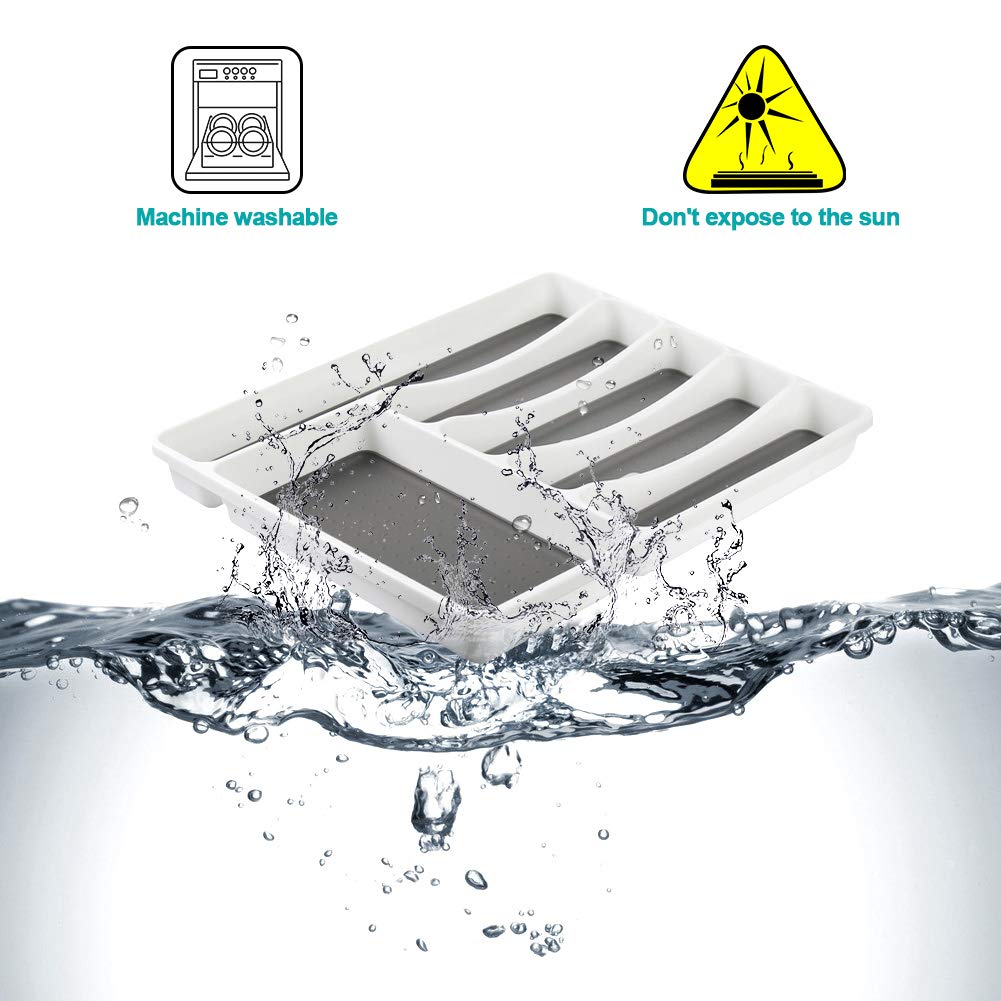 SUJUDE Silverware Drawer Organizer - Non Slip Utensil Tray Narrow, Kitchen Cutlery Tray Drawer Organizers Plastic 6 Compartment Gray Tray