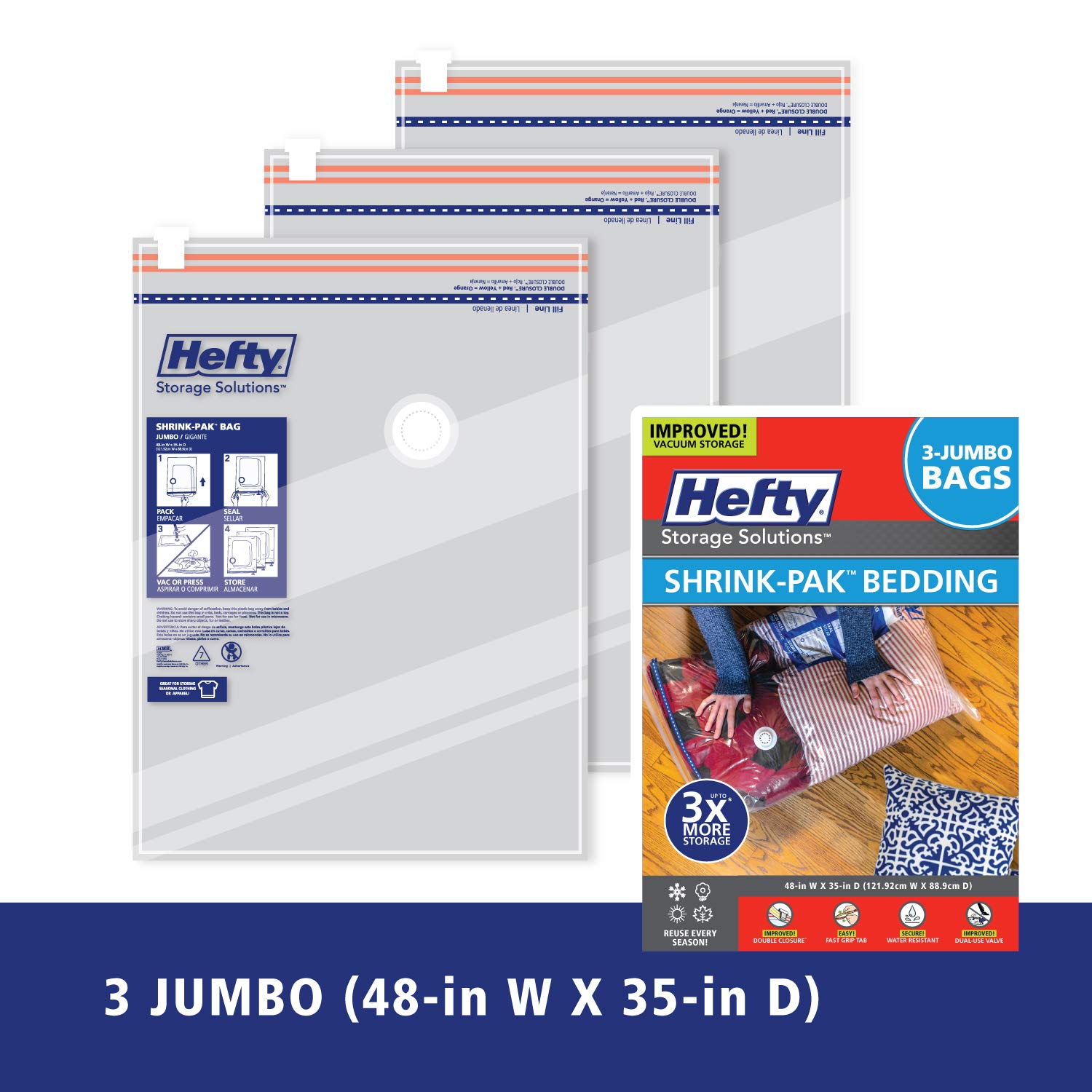 Hefty Shrink-Pak – 3 Jumbo Vacuum Seal Storage Bags – Space Saver Bags for Clothing, Pillows, Towels, or Blankets, 3 x XXL Bags