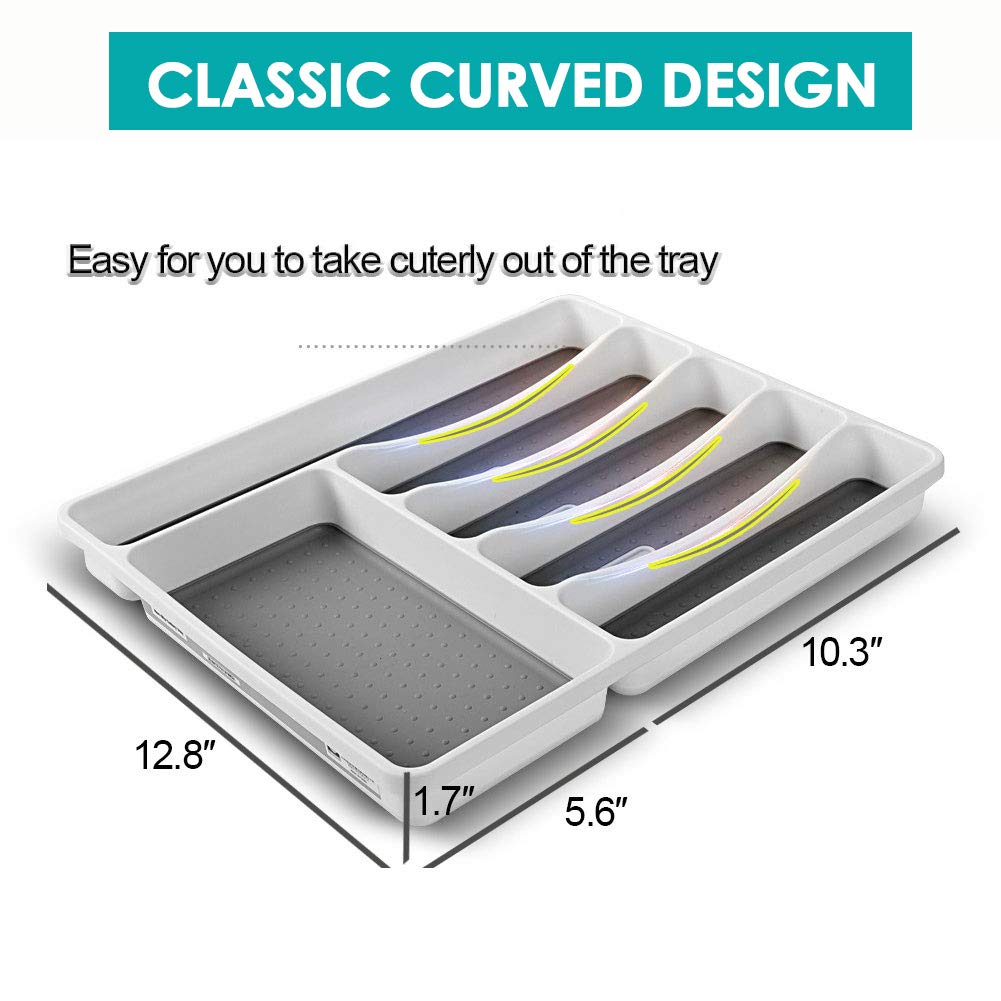 SUJUDE Silverware Drawer Organizer - Non Slip Utensil Tray Narrow, Kitchen Cutlery Tray Drawer Organizers Plastic 6 Compartment Gray Tray