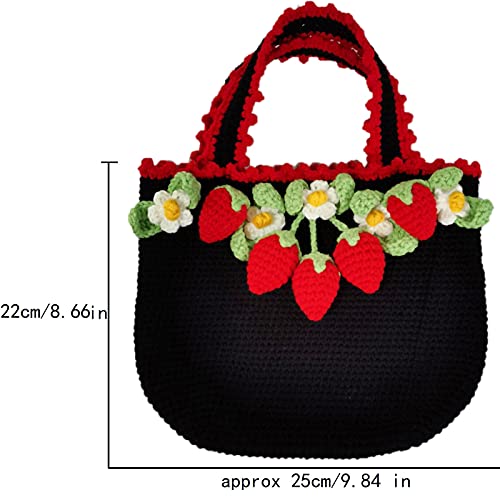 BIBITIME Women Lady Handmade Knit Tote Bucket Bag Handbag Strawberry Decoration (Black, 8.66 in x 9.84 in)
