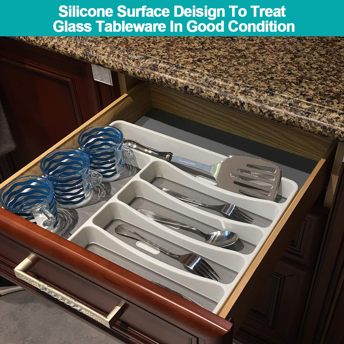 SUJUDE Silverware Drawer Organizer - Non Slip Utensil Tray Narrow, Kitchen Cutlery Tray Drawer Organizers Plastic 6 Compartment Gray Tray