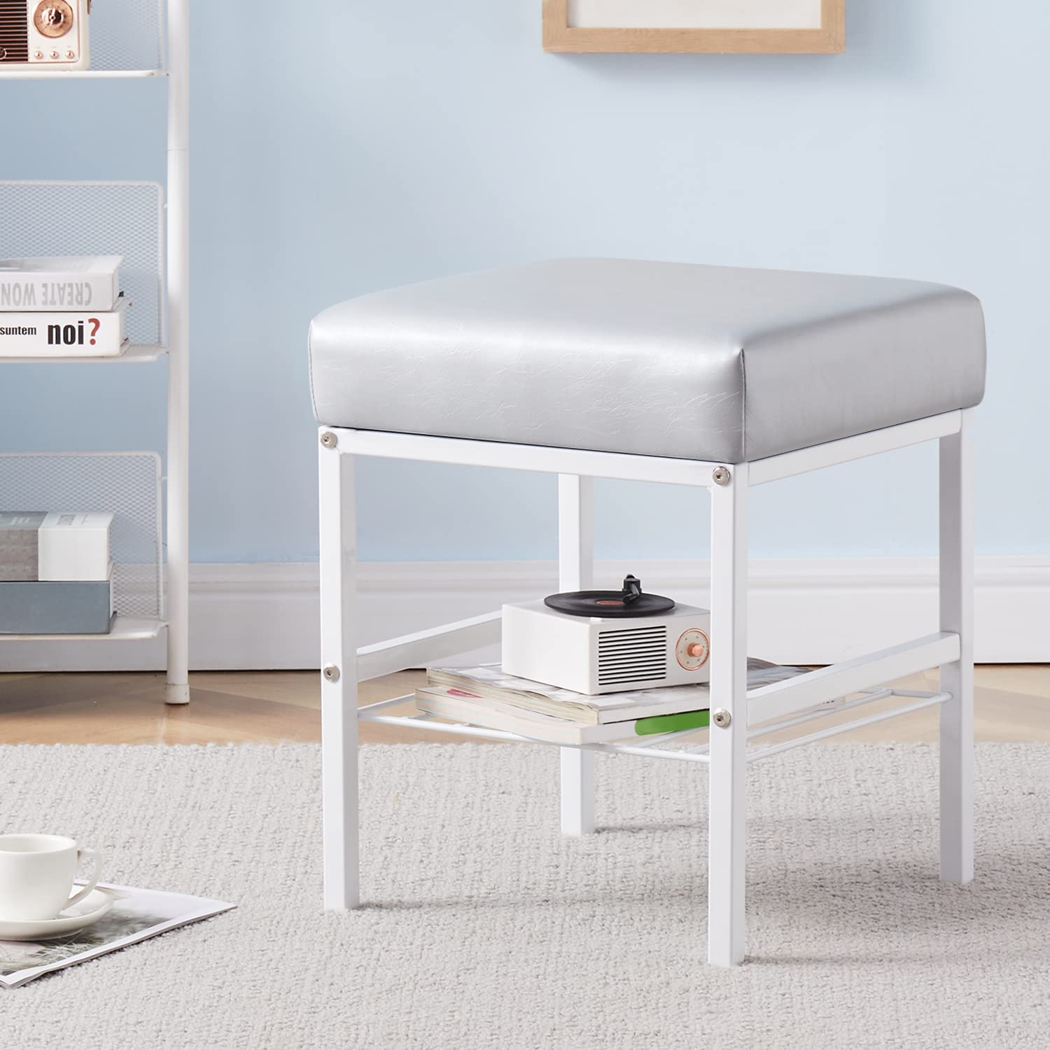 Cpintltr Vanity Stool Foot Stools Faux Leather Ottoman Stool Square Ottoman Bench Modern Dressing Stool Small Stool Side Table Footstool with Metal Leg Vanity Stool for Bathroom Living Room Silver-