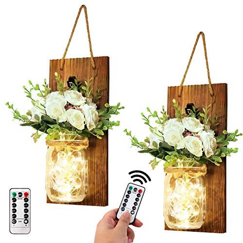 AerWo 2Pcs Mason Jar Sconces Wall Decor, Handmade Rustic Wall Sconces with LED Fairy Lights and Flowers, Hanging Mason Jar for Farmhouse Kitchen Decorations Wall Decor Living Room Lights