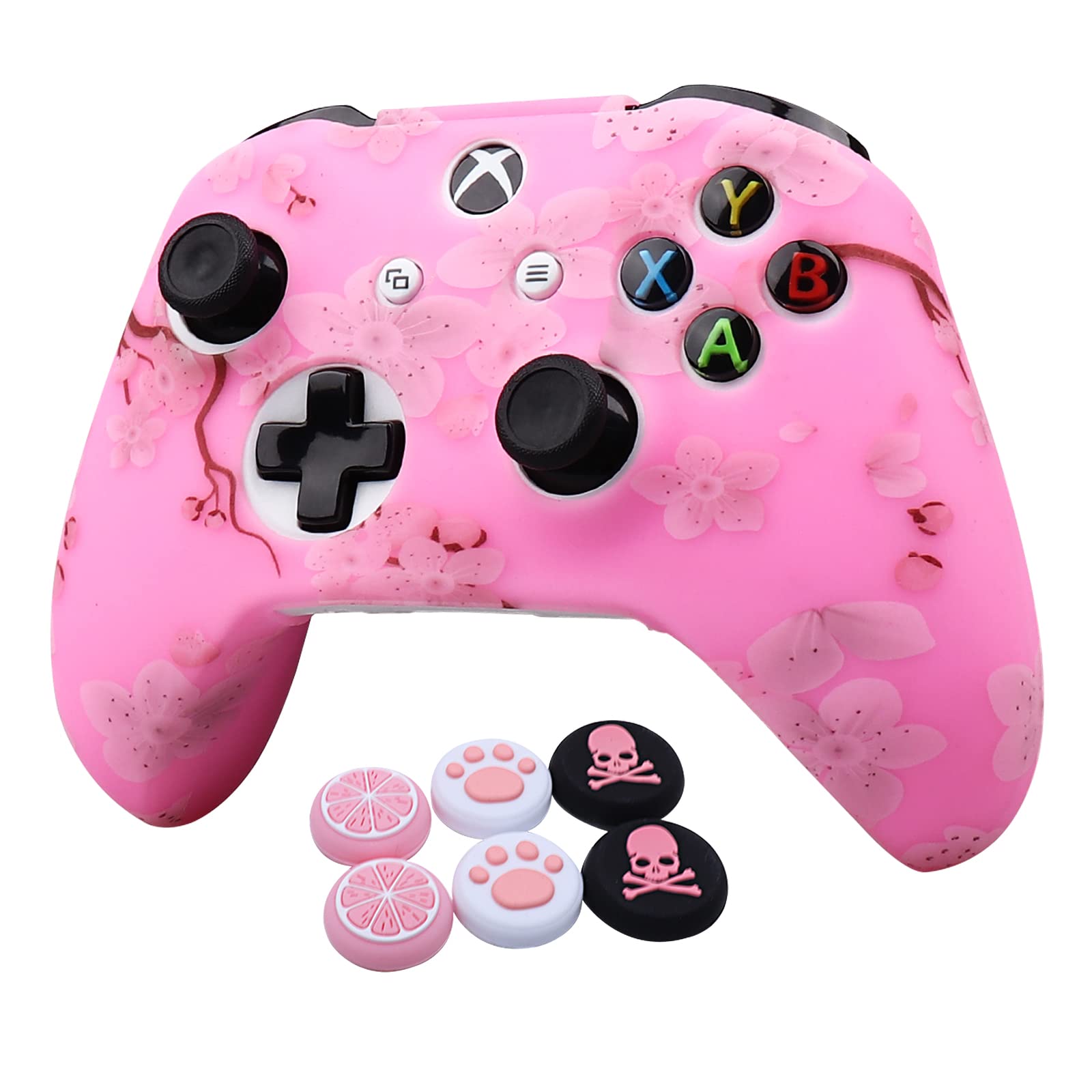 RALAN Pink Controller Skins for Xbox One, Silicone Controller Cover Skin Protector Compatible for Xbox Ones Controller (Pink Pro Thumb Grip x 2,Cat + Skull Cap &Cover Grip x 2) Blue Butterfly Pink