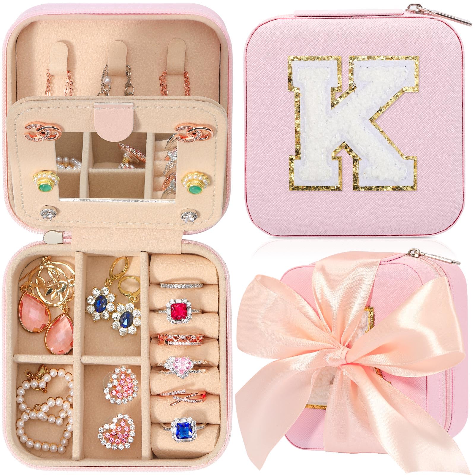 CHMI Travel Jewelry Case, Pink Travel Jewelry Box, Travel Jewelry Organizer, Travel Gifts for Women Girls, Jewelry Organizer Box, Birthday Gifts for Women, Christmas Gifts for Teens Girls - Initial K