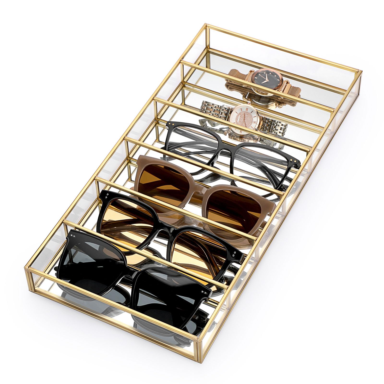 Hipiwe Glass Sunglass Organizer Tray Eyewear Eyeglass Storage Display Case Gold Mirrored Jewelry Perfume Display Tray Vintage Gold Sunglass Storage Case for Drawer Dresser Closet, 6 Slots