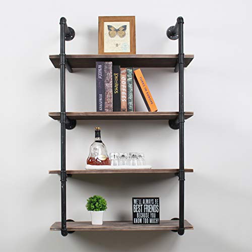 Industrial Pipe Floating Shelves,4 Tiers Wall Mount Bookshelf,30in Rustic Wall Shelves,DIY Storage Shelving Wall Shelf,Rustic Wall Shelving Unit,Wall Book Shelf for Home Organizer,Black Brushed Silver