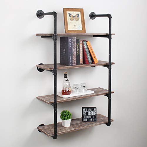 Industrial Pipe Floating Shelves,4 Tiers Wall Mount Bookshelf,30in Rustic Wall Shelves,DIY Storage Shelving Wall Shelf,Rustic Wall Shelving Unit,Wall Book Shelf for Home Organizer,Black Brushed Silver