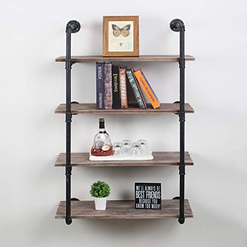 Industrial Pipe Floating Shelves,4 Tiers Wall Mount Bookshelf,30in Rustic Wall Shelves,DIY Storage Shelving Wall Shelf,Rustic Wall Shelving Unit,Wall Book Shelf for Home Organizer,Black Brushed Silver