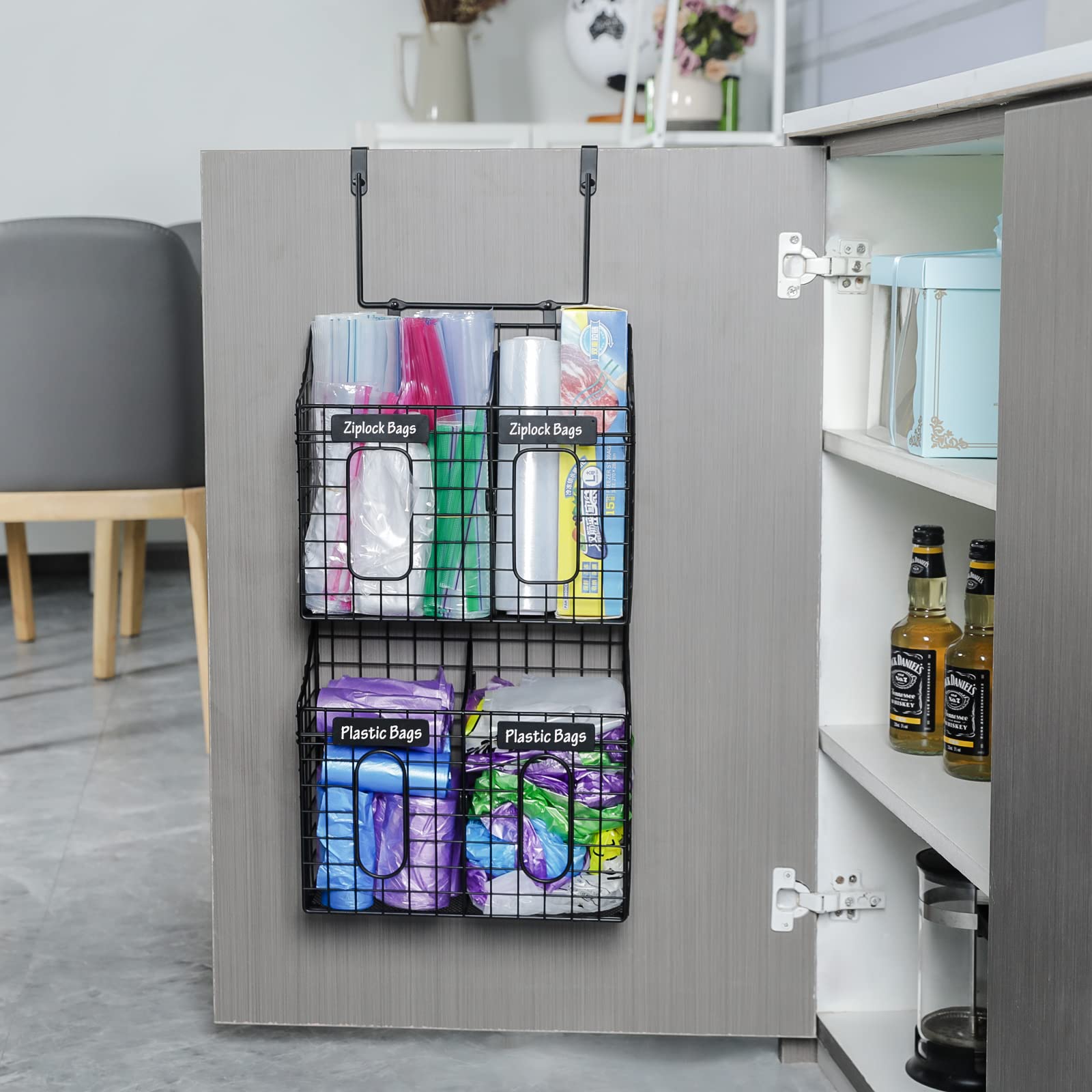 Dispenser Plastic Bag Holder With Detachable Grid Divider, Bag Saver Over the Cabinet Door Organizer with Nameplates for Trash Grocery Bags Cuttingboard Holder for Kitchen Storage Hanging&Wall Mounted