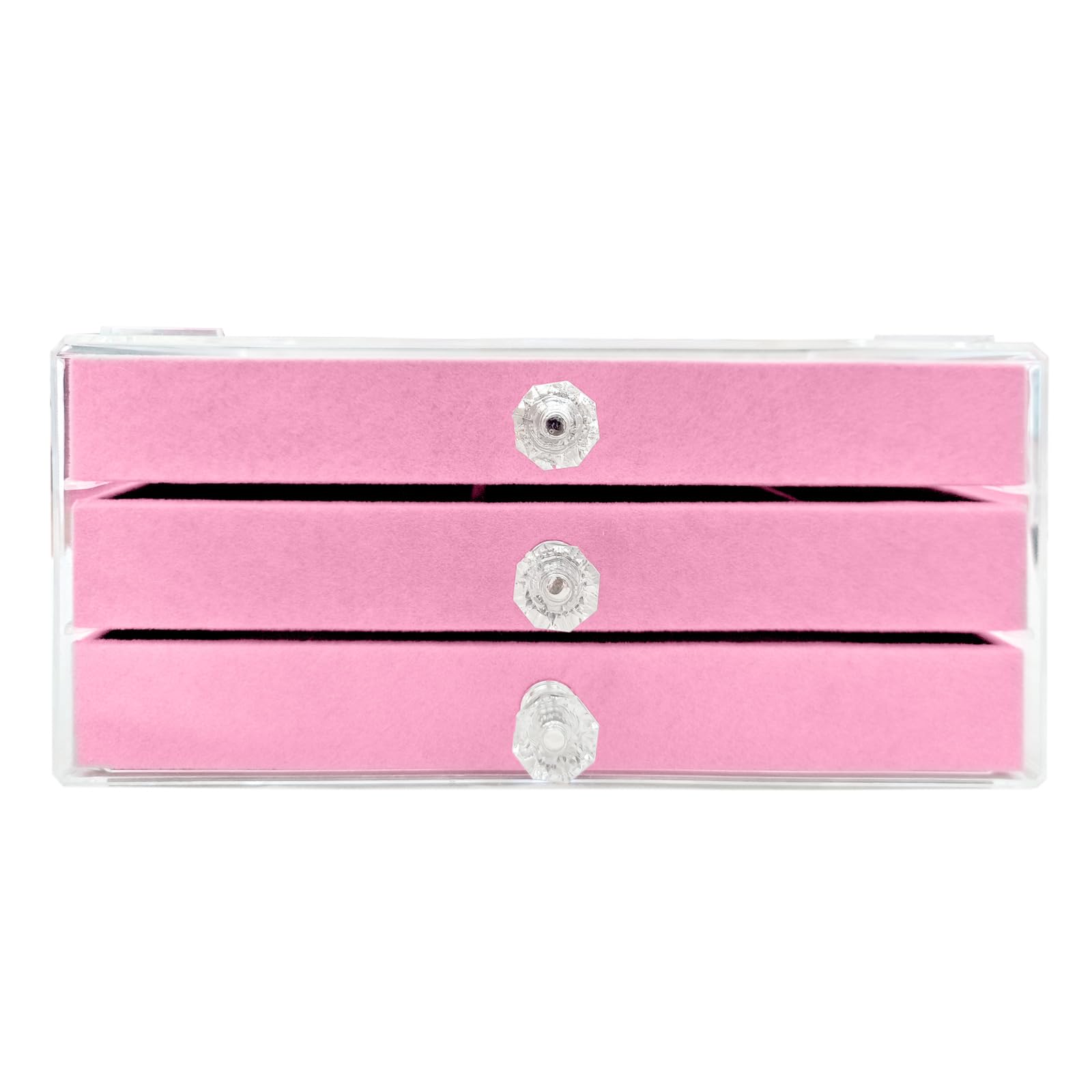 Jemjosh Clear Acrylic Velvet Jewelry Organizer with 3 Drawers, Stackable Display Storage Earrings Necklace Rings Bracelets Box Holder Case for Women, Pink