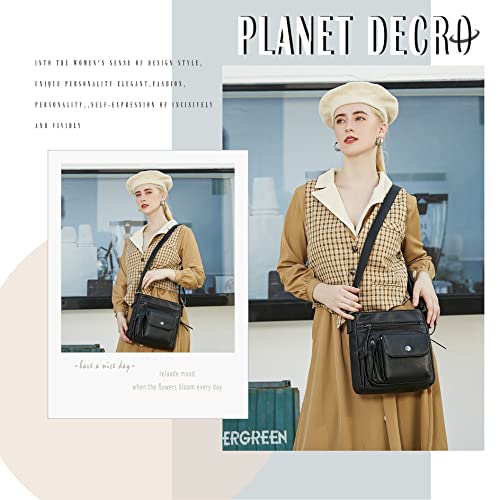 PLANET DECOR Women Large Crossbody Purse Capacity PU Shoulder Bag with Mulit-Pockets Zipper Backpack for Women (2101-black)
