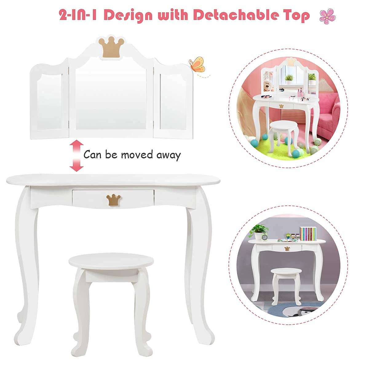 HONEY JOY Kids Vanity, Crown Themed Toddler Dressing Makeup Table and Chair Set w/Drawer & Tri-Folding Mirror, Detachable Mirror, Princess Pretend Play Girls Vanity Set with Mirror and Stool(White)