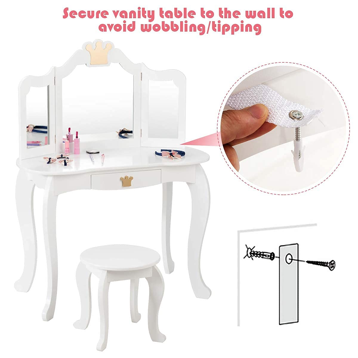 HONEY JOY Kids Vanity, Crown Themed Toddler Dressing Makeup Table and Chair Set w/Drawer & Tri-Folding Mirror, Detachable Mirror, Princess Pretend Play Girls Vanity Set with Mirror and Stool(White)