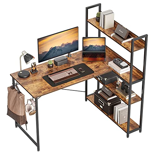 CubiCubi Computer Corner Desk with Storage Shelves, 47 Inch Small L Shaped Computer Desk, Home Office Writing Desk with 2 Hooks, Brown