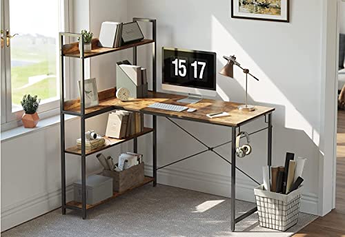 CubiCubi Computer Corner Desk with Storage Shelves, 47 Inch Small L Shaped Computer Desk, Home Office Writing Desk with 2 Hooks, Brown