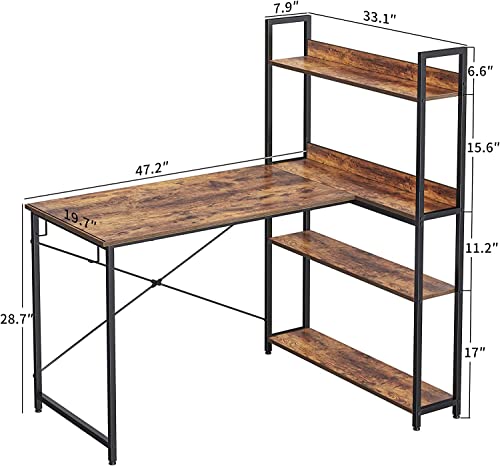 CubiCubi Computer Corner Desk with Storage Shelves, 47 Inch Small L Shaped Computer Desk, Home Office Writing Desk with 2 Hooks, Brown