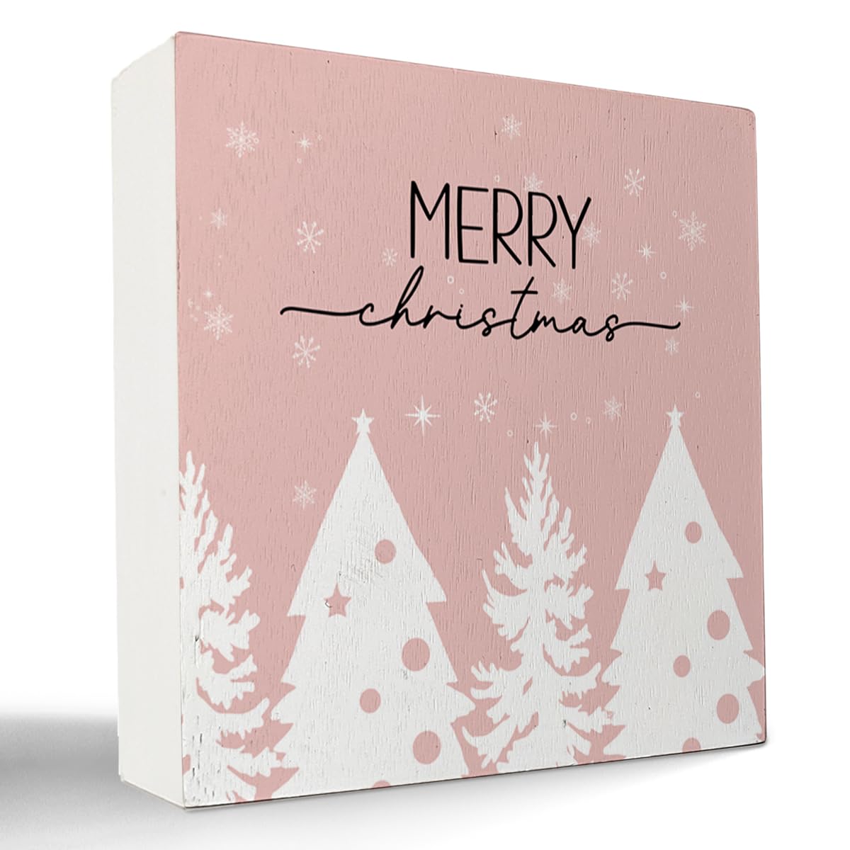 kunlisa Pink Christmas Wooden Box Signs,Pink Christmas Sign,Pink Christmas Decorations,Christmas Tree Sign,Merry Christmas Sign,Christmas Signs for Home Decor 5x5 Inch