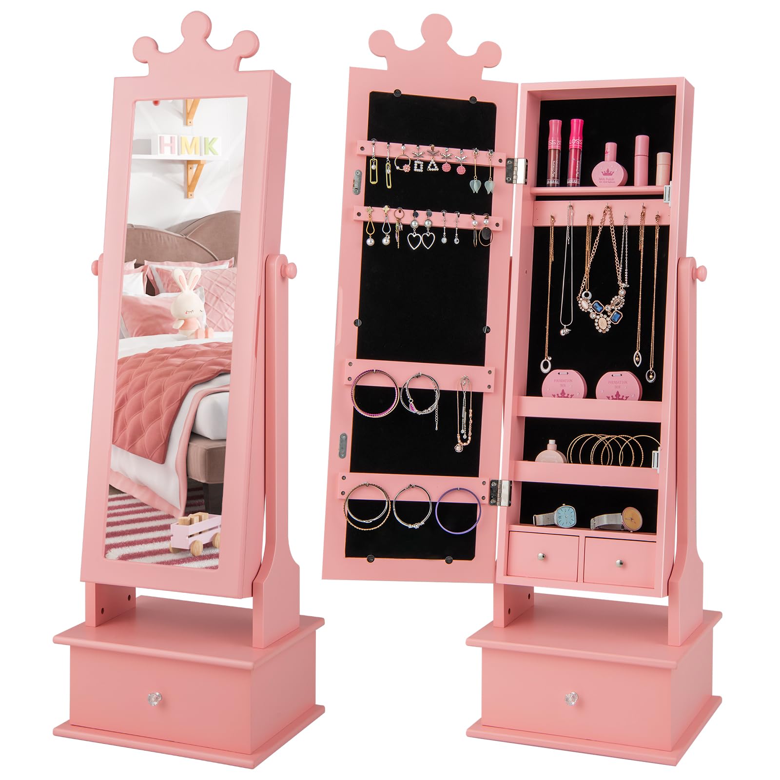 Costzon Kids Jewelry Armoire Cabinet, 45” Standing Jewelry Organizer with Full-Length Mirror, 3 Storage Drawers, Kids Vanity Dress Up Mirror Jewelry Cabinet for Girls (Pink)