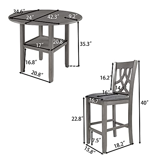 Harper & Bright Designs 3 Piece Counter Height Kitchen Dining Set with Round Drop Leaf Dining Table, Shelf and 2 Cross Back Padded Chairs, Farmhouse Dining Room Set for Small Places, Gray