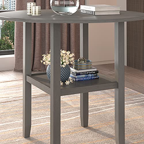 Harper & Bright Designs 3 Piece Counter Height Kitchen Dining Set with Round Drop Leaf Dining Table, Shelf and 2 Cross Back Padded Chairs, Farmhouse Dining Room Set for Small Places, Gray