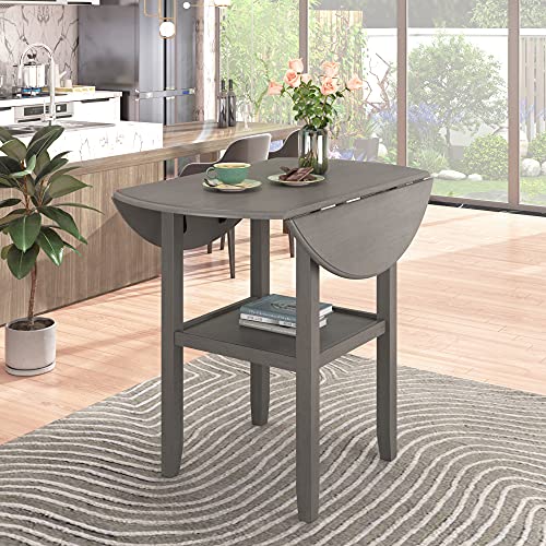 Harper & Bright Designs 3 Piece Counter Height Kitchen Dining Set with Round Drop Leaf Dining Table, Shelf and 2 Cross Back Padded Chairs, Farmhouse Dining Room Set for Small Places, Gray