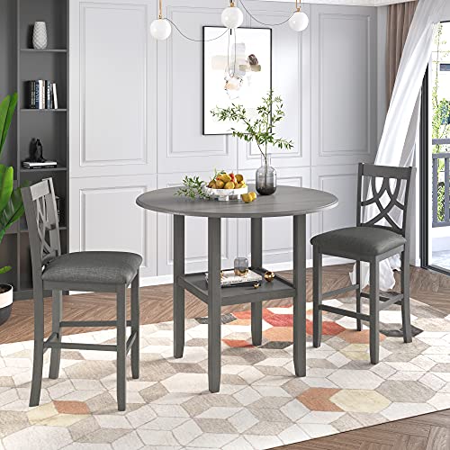 Harper & Bright Designs 3 Piece Counter Height Kitchen Dining Set with Round Drop Leaf Dining Table, Shelf and 2 Cross Back Padded Chairs, Farmhouse Dining Room Set for Small Places, Gray