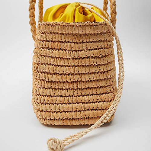 QTKJ Fashion Women Summer Straw Bag with Drawstring, Hand-woven Beach Handbag Top Straw Handle Boho Tote Bag Shopping and Travel Large Bag