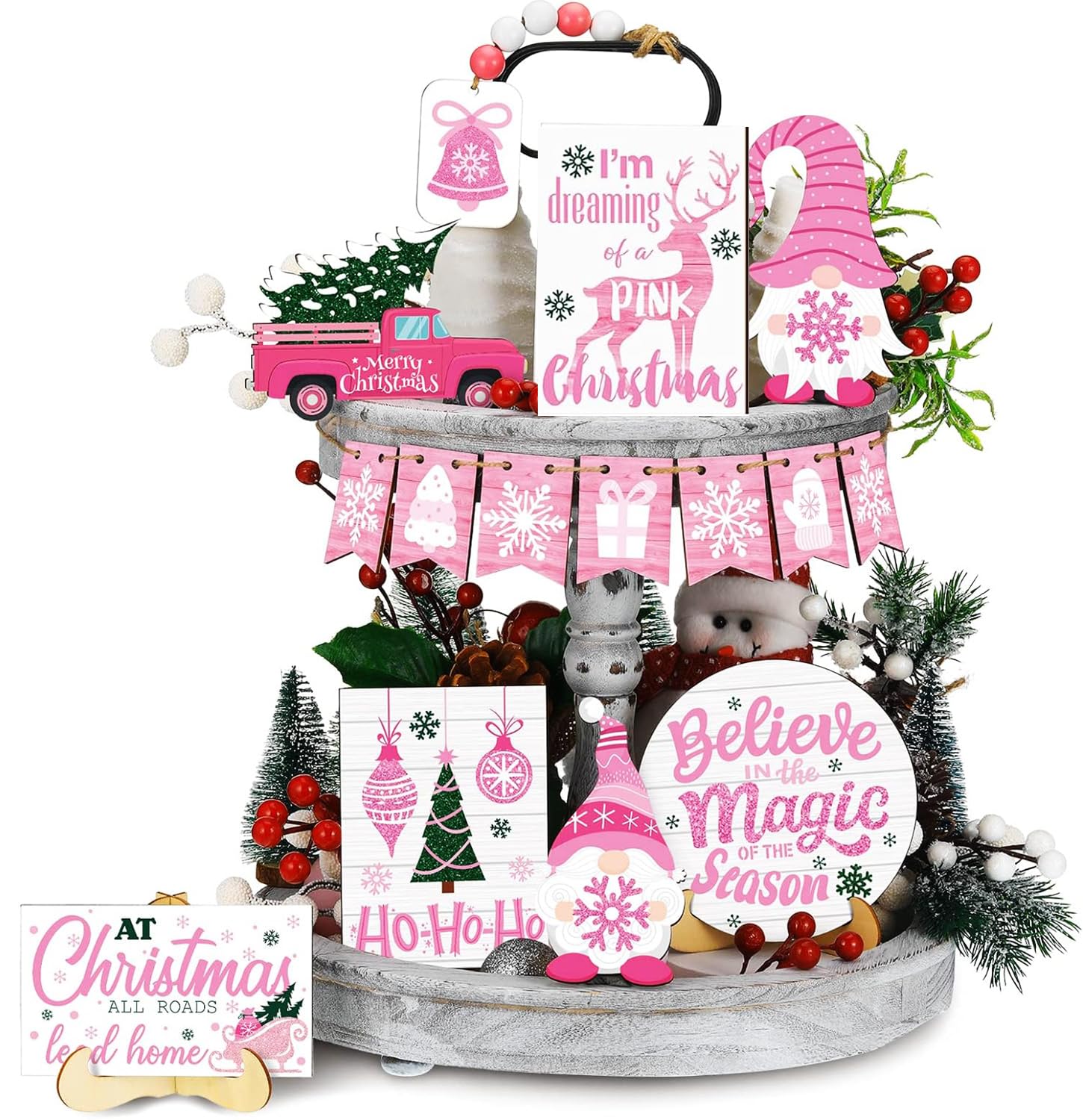 Pink Christmas Decoration, Christmas Tiered Tray Decor 15 Pcs Pink Christmas Ornaments Farmhouse Rustic Decor Christmas Gnome Truck Snowflake Wooden Sign for Christmas Centerpiece Table Party Holiday