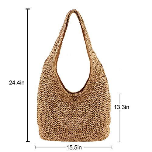 CHIC DIARY Womens Hand-woven Straw Shoulder Bag Large Summer Beach Leather Handles Handbag Tote with Zipper (#01-Khaki)