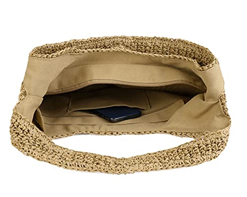 CHIC DIARY Womens Hand-woven Straw Shoulder Bag Large Summer Beach Leather Handles Handbag Tote with Zipper (#01-Khaki)