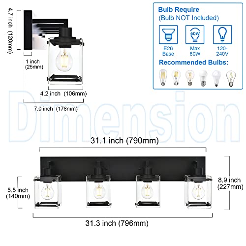 MELUCEE 4-Light Vanity Lights for Bathroom, Industrial Indoor Wall Sconces Black Bathroom Lighting with Rectangular Clear Glass Shade for Kitchen Hallway Living Room, 31.3 Inches Length