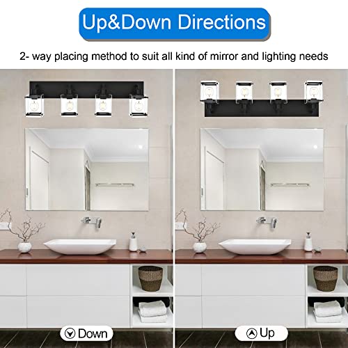 MELUCEE 4-Light Vanity Lights for Bathroom, Industrial Indoor Wall Sconces Black Bathroom Lighting with Rectangular Clear Glass Shade for Kitchen Hallway Living Room, 31.3 Inches Length