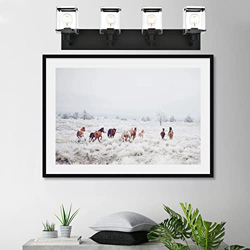 MELUCEE 4-Light Vanity Lights for Bathroom, Industrial Indoor Wall Sconces Black Bathroom Lighting with Rectangular Clear Glass Shade for Kitchen Hallway Living Room, 31.3 Inches Length