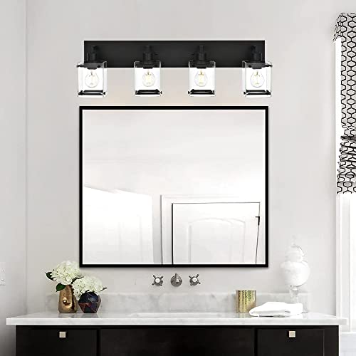 MELUCEE 4-Light Vanity Lights for Bathroom, Industrial Indoor Wall Sconces Black Bathroom Lighting with Rectangular Clear Glass Shade for Kitchen Hallway Living Room, 31.3 Inches Length